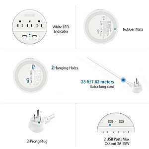 Extension Cord 25ft, NTONPOWER Power Strip with Long Extension Cord, 3 Outlet 2 USB Compact Desktop Charging Station Wall Mount for TV Living Room, Dorm, Office and Nightstand - White