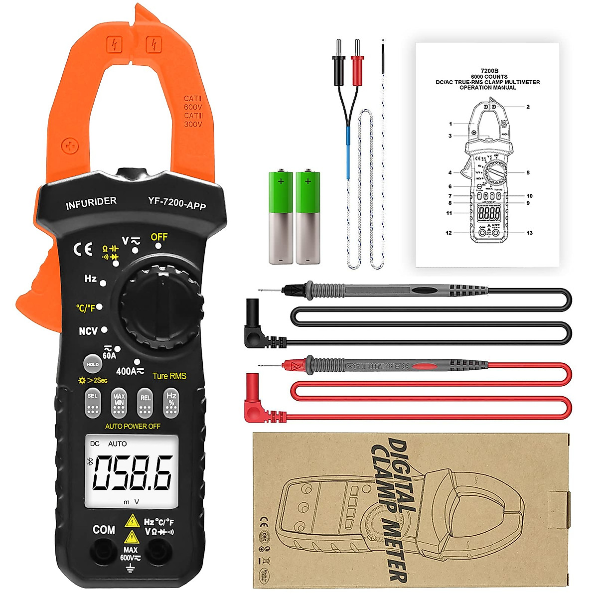 Wireless Bluetooth Clamp Meter, INFURIDER YF-7200APP 6000 Counts Auto-Ranging Digital Voltmeter Ammeter Measures DC AC Volt Amp Ohm Clamp on Multimeter with Capacitance,Temp,Diode Tester