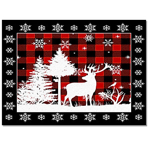 Seven Roses Rectangular Area Rug for Living Room, Bedroom, White Xmas Tree Elk Snowflake Non-Slip Residential Carpet, Kitchen Rugs, Red Buffalo Plaid Christmas Floor Mat with Rubber Backing 2' x 3'
