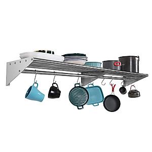 HALLY Stainless Steel Shelf Pot Rack with 9 S Hooks 12" x 62" Wall Mounted, NSF Commercial Floating Shelving for Storage Hanging Pots, Pans, cookware in Restaurant, Kitchen, Home and Hotel