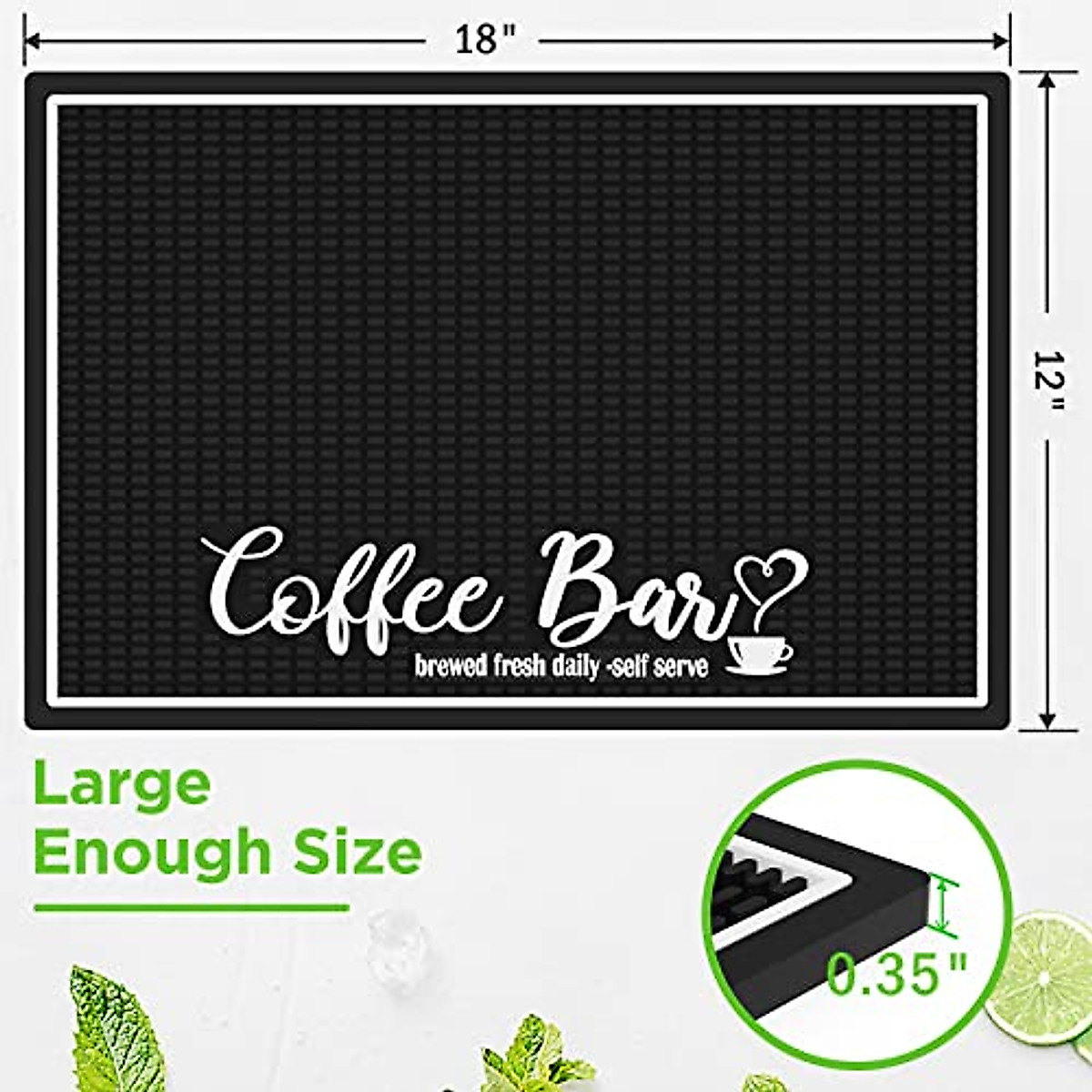 SOSMAR Coffee Bar Mat, 18" x 12" Spill Mat, Thick Durable Rubber Bar Mat, Coffee Maker Mat, Bar Accessories, Non-Slip Coffee Mat, Cup Mat for Coffee Station, Coffee Tamper Mat for Countertop, Black