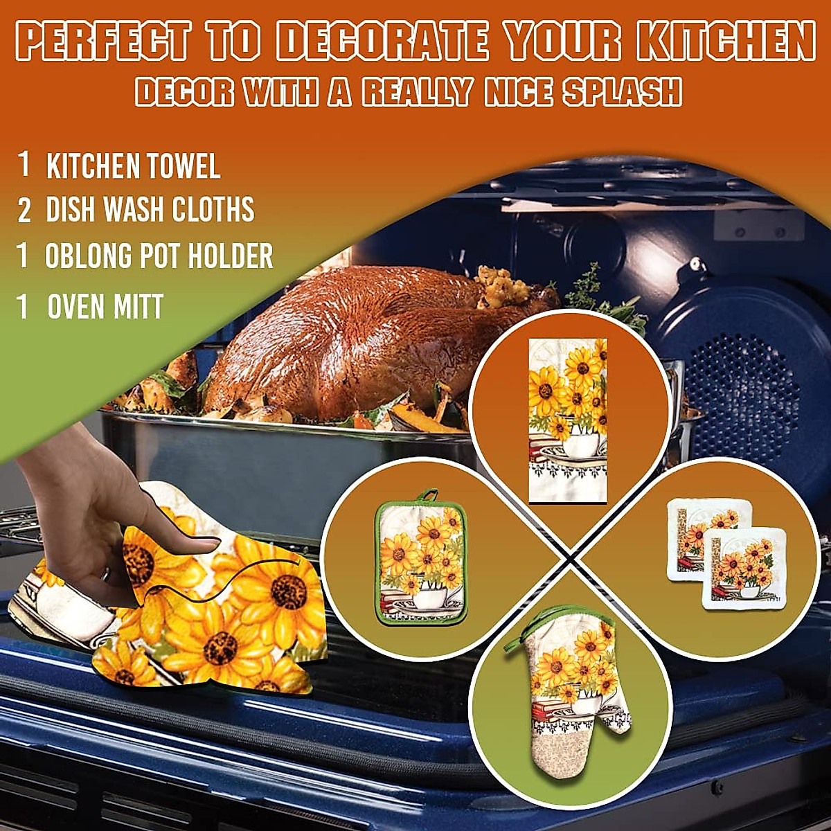 Lobyn Value Packs Decorative and Lightweight Printed Themed Kitchen Linen Towel Sets Perfect for Home Decor (5 Piece, Sunflower)