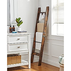 Hzuaneri Blanket Ladder - for Bedroom, Decorative Wood Quilt Rack with 4 Removable Hooks, 5-Tier Farmhouse Ladder Holder Organizer for Bathroom Living Room, Rustic Brown and Black 02101BBR