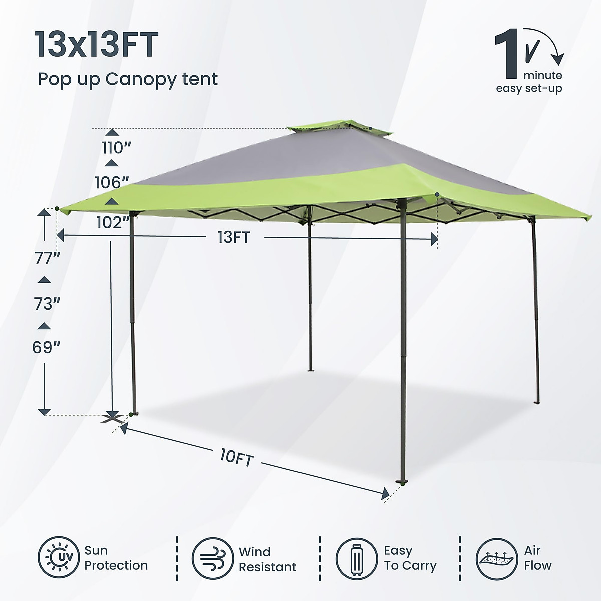 PHI VILLA Pop-Up Canopy Tent 13x13 Instant Shelter Outdoor Canopy with Wheeled Bag,Green