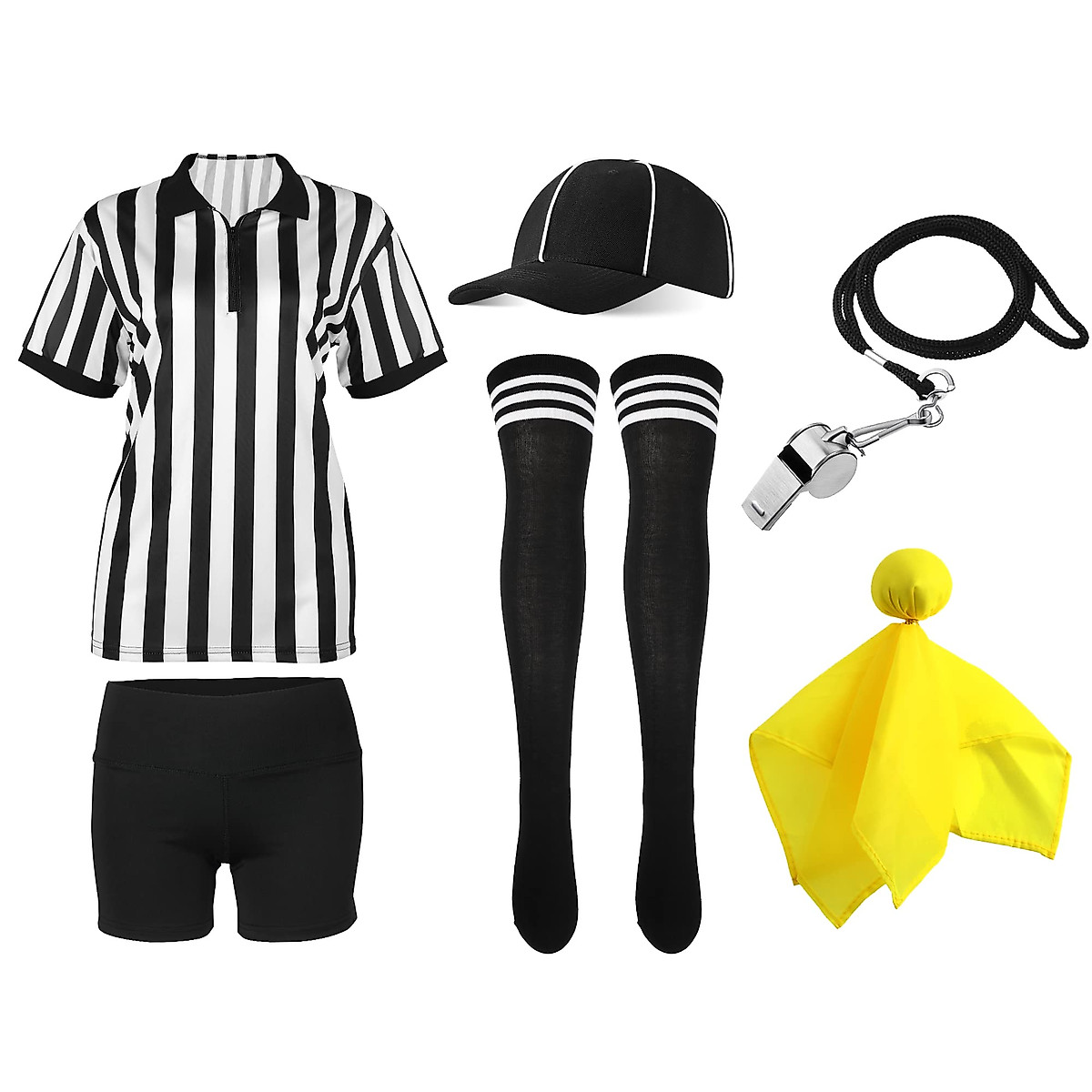 Women Referee Costume Black and White Stripe Ref Shirt Jersey Shorts Referee Hat for Carnival Party Halloween Cosplay Party (Small)