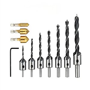 Chew Steel Tools, 11 Pack Woodworking Chamfer Drilling Tools Including 7 Brad Pointed Countersink Drill Bit with L-Wrench, 3 Titanium Countersink bits, 1 Hex Key Wrenc