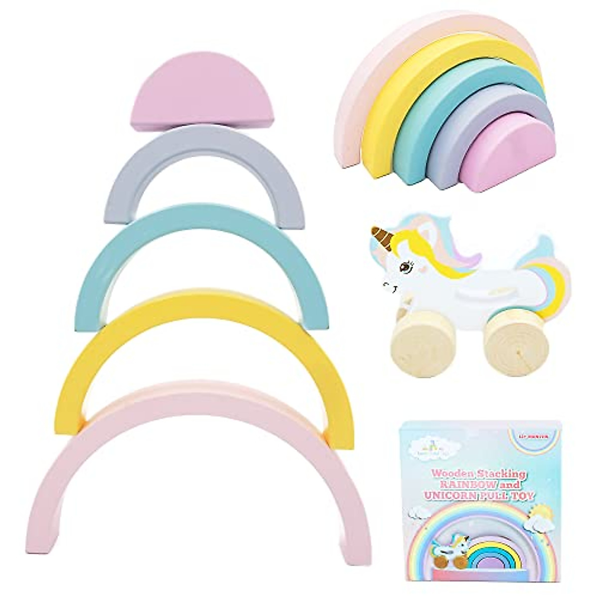 Wooden Rainbow Stacking Toy - Rainbow Stacker Wooden Rainbow Unicorn Wooden Baby Toys - Stacking Rainbow Toy Pull Toy Rainbow Puzzle - Rainbow Stacker Wooden Toy Unicorn Gifts for Girls Unicorn Toy