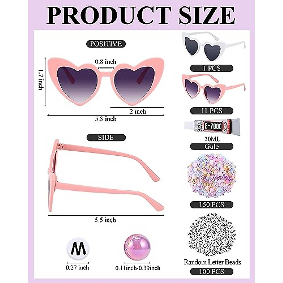 Xuhal 12 Pairs Valentines Day Heart Party Sunglass Bulk Bachelorette Glasses with DIY Letter Bead Pearl for Wedding Party(White, Pink)