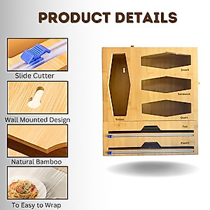 6 in1 Bamboo Ziplock Bag Organizer with Plastic Wrap Dispenser & Cutter – Compact drawer organizer for ziplock bags and foil – Ziplock Bag Storage Organizer for Gallon Quart Sandwich & Snack Bags (1)