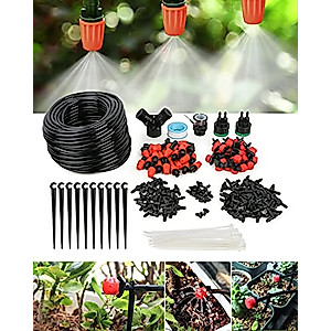 La Farah 98ft Drip Irrigation Kit, 149pcs Micro Drip System Kit with 1/4" Blank Distribution Tubing Adjustable Drip Emitters Misting Sprinkler Barbed Connectors, Garden Watering System for Plant