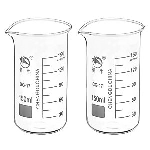 PATIKIL 150ml Tall Form Glass Beaker, 2 Pack 3.3 Borosilicate Glass Graduated Printed Scale Measuring Cups with Spout for Kitchen Lab Liquids Transit Boiling