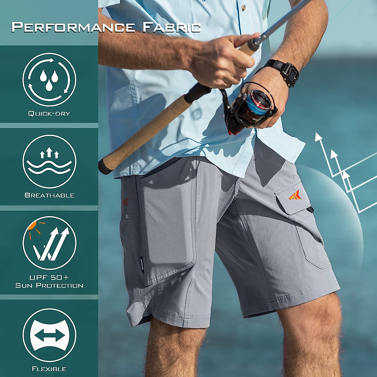 KastKing Rekon Men's Fishing Cargo Shorts, Quick Dry Casual Hiking Shorts for Men, Travel Golf Camping Tactical,Gray,42