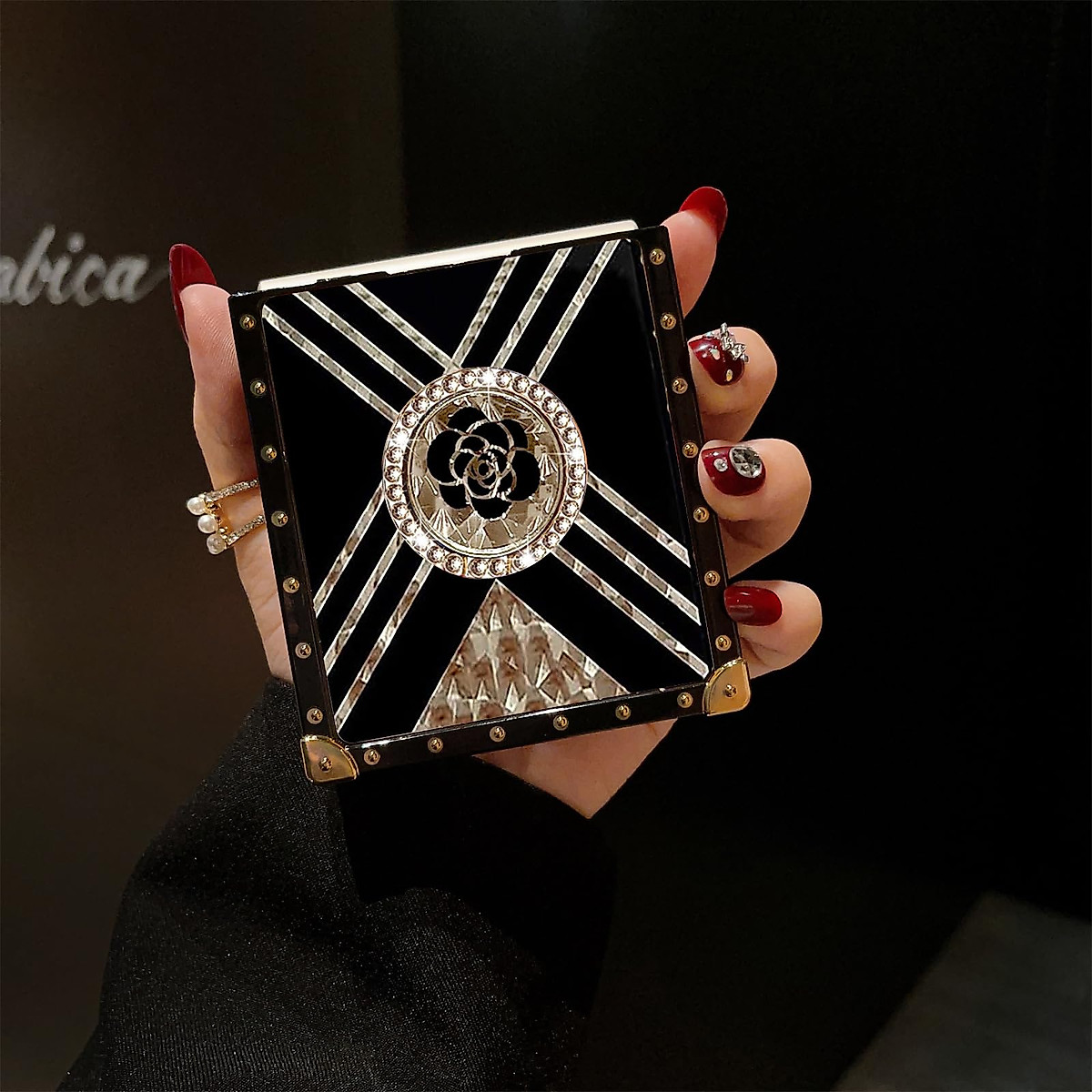 Ephoou for Samsung Galaxy Z Flip4 5G Case for Women,Square Rivet Metal Corner Design Phone Case Cover with Bling Diamond Ring Suitable for Samsung Galaxy Z Flip4 5G 6.7" BF-Black