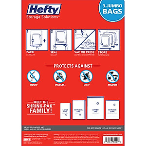 Hefty Shrink-Pak – 3 Jumbo Vacuum Seal Storage Bags – Space Saver Bags for Clothing, Pillows, Towels, or Blankets, 3 x XXL Bags