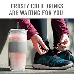 HOST Straw and Lid Plastic Double Wall Insulated Freezable Drink Chilling Tumbler with Freezing Gel Glasses for Red and White Wine, 16 oz, Grey