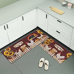 ASPMIZ Farmhouse Kitchen Mats Sets 2 Piece, Rooster Kitchen Rugs and Mats Non Skid Washable, Kitchen Floor Mats Cushioned Anti Fatigue, Floor Comfort Mats for Home & Office, 18'' x 48'' + 18'' x 30''