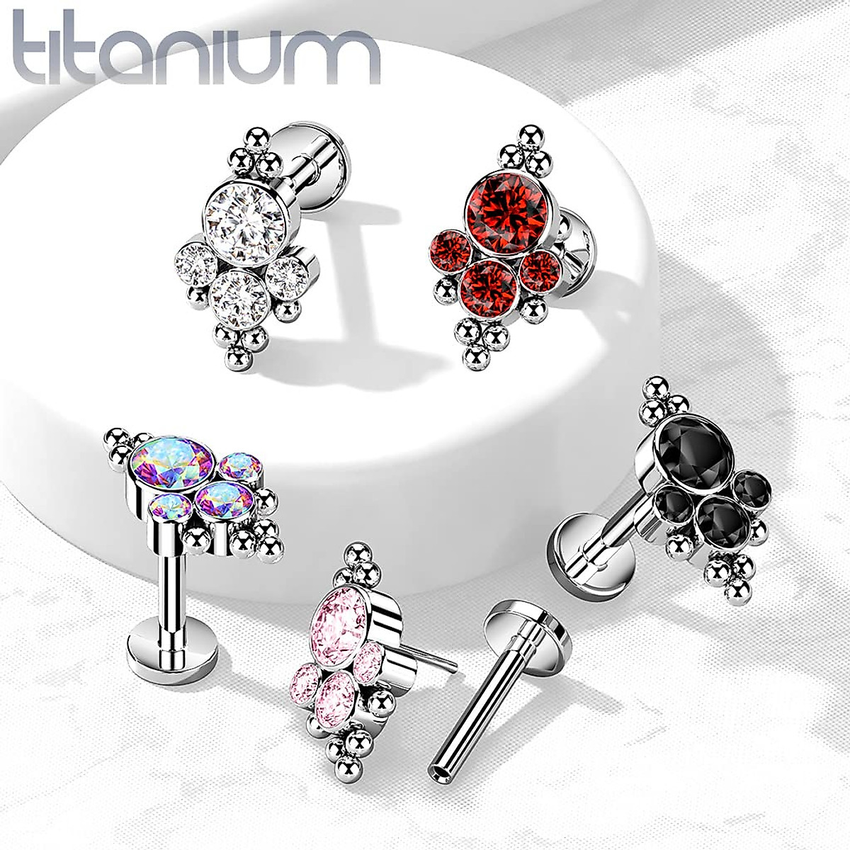 Dynamique Implant Grade Titanium Threadless Push In Labret With Bezel Set CZ Cluster Center and Beaded Ball Edge Top (Sold Per Piece)