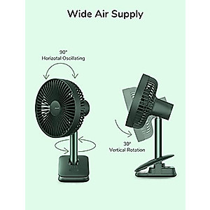 JISULIFE Clip on Oscillating Fan, 8000mAh Battery Operated Clip Desk Fan [5-28h], USB Rechargeable Table Fan with Clamp, 4 Speeds, Timer Shutdown，330°Rotate Clip Fan for Home Office Bed Stroller-Green