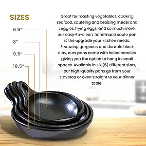 Toque Blanche Authentic Chamba Saute Pan - Black Clay Saute Pan with Small Handle - Handmade Cookware Pan from Colombian Clay - Serving Simmer Pot and Cooking Saute Pan for Stovetop & Oven 10.5 inches
