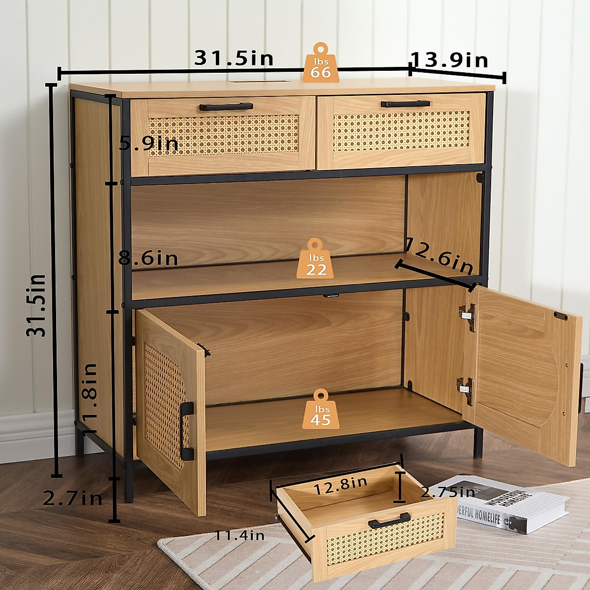 LIDYUK Sideboard Cabinet with Charging Station, Kitchen Storage Cabinet with Rattan Decorated Doors, Cupboard Console Table Sideboard Cabinet for Dining Room Hallway, Natural