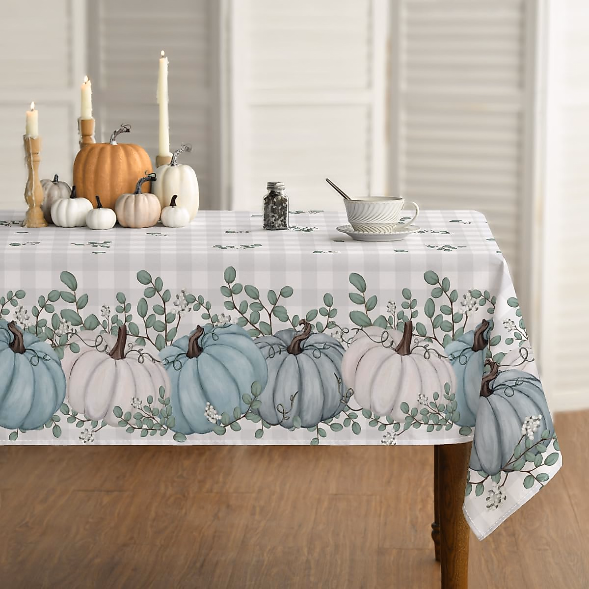 Horaldaily Fall Tablecloth 60x140 Inch Rectangular, Thanksgiving Autumn Harvest Blue Pumpkin Buffalo Plaid Table Cover for Party Picnic Dinner Decor
