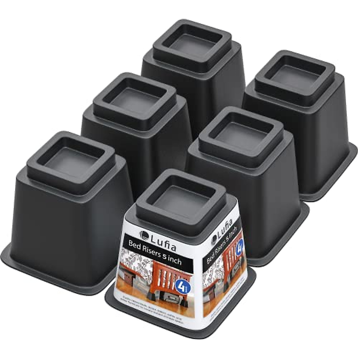 Lufia Bed Furniture Risers 5 Inch, Heavy Duty Bed Lifts Risers for for Sofa, Table, Couch, Chair or Desk (Set of 6, Black)