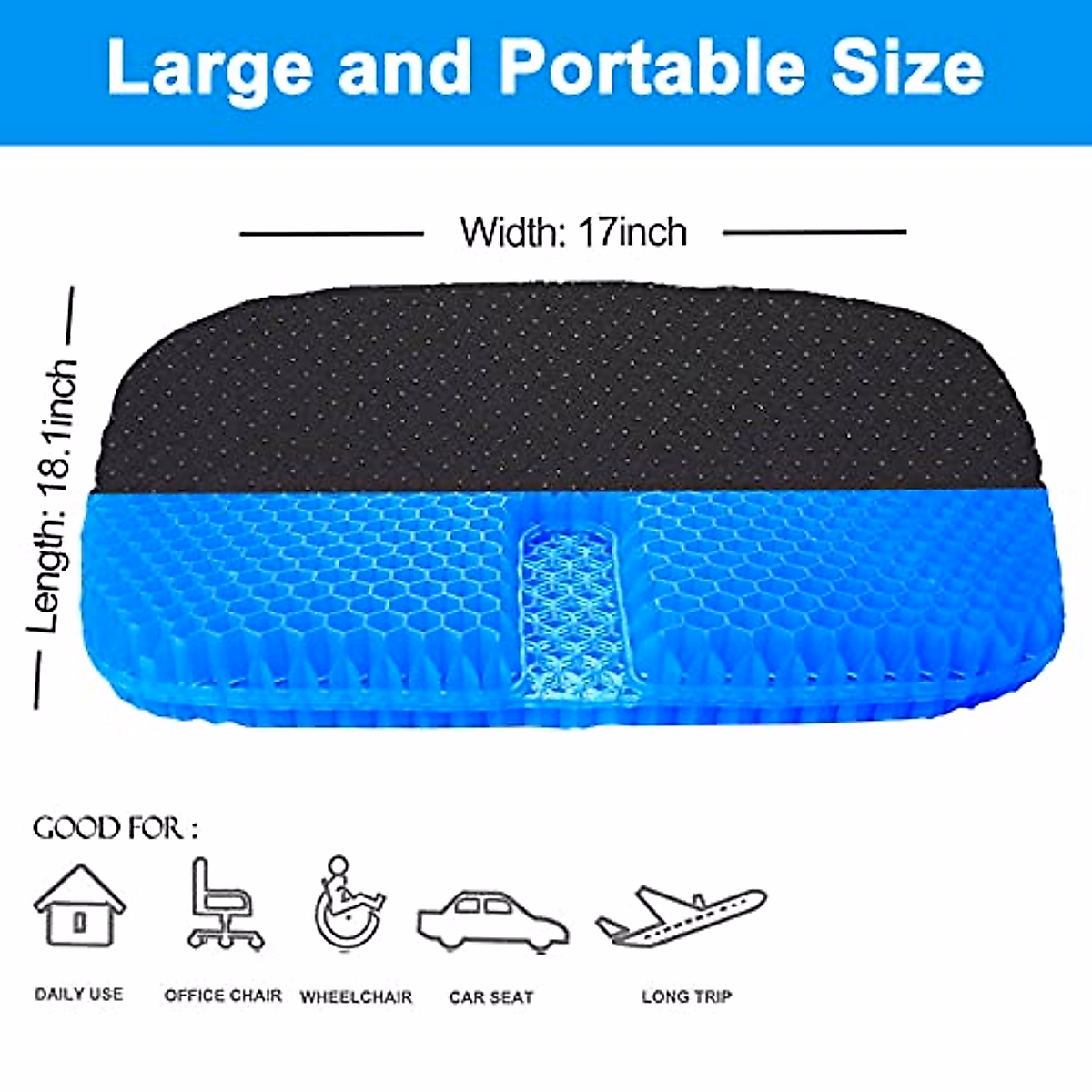 Gel Seat Cushion, Ergonomic Breathable Gel Seat Cushion with Non-slip Cover for Long Seating, Tailbone Pain & Pressure Relief, Suitable for Home, Office, Gaming Chair, Car, Wheelchair (18.1 X 17 inch)