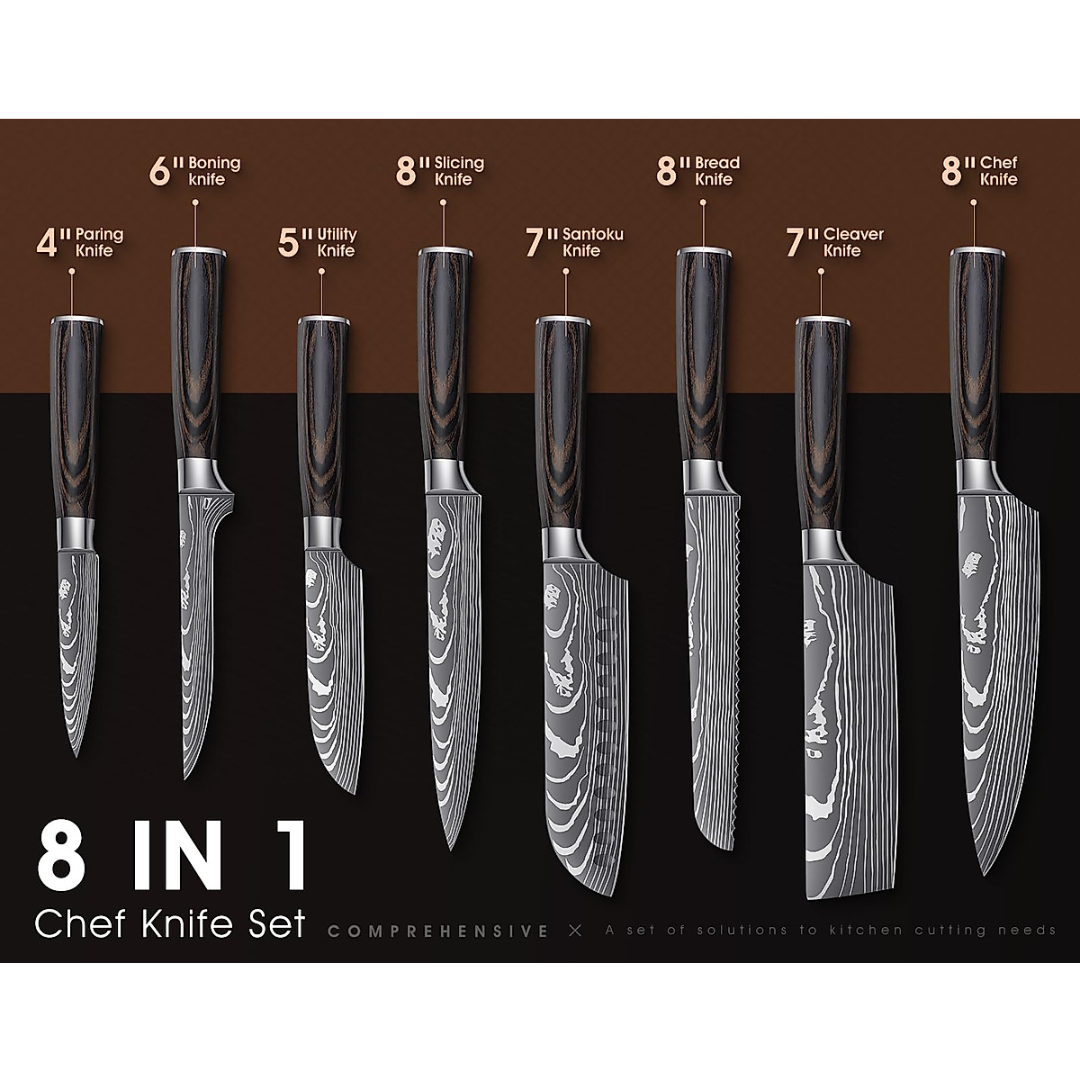 DRAGON ROIT Japanese Knives Set Damascus Pattern Chef Knife Set for Kitchen with Roll Bag, Sharp 14Pcs Stainless Kitchen Knife Set Brown Handle