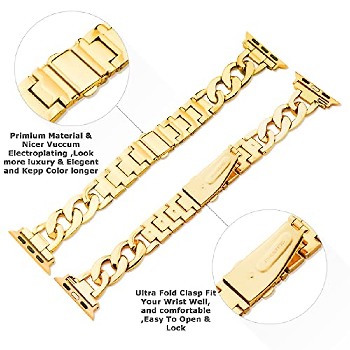 Kolgios 38/40/41mm Gold Cool Women Chain Metal Smartwatch Bands Compatible for Apple Watch Bands Series 8/7/6/SE/5/4 Adjustment Replacement Bracelet for Iwatch 8/7 Gift for Her