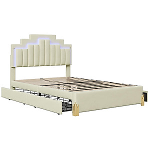 JIVOIT Full Size Upholstered Platform Bed with 4 Drawers, Modern LED Light Platform Bed Frame, Stylish Irregular Metal Bed Legs Design, Upholstered Storage Bed for Kids Teens (Beige,Full,Metal Legs)