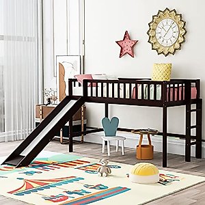 Twin Loft Bed with Slide Rails Frame Wood for Junior Kids Slat Support, No Box Spring Needed