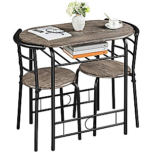 Topeakmart 3-Piece Round Dining Table Set, Kitchen Breakfast Table and Chairs Set for 2, Space Saving Table Set with Steel Legs, Storage Rack for Kitchens, Dining Room, Outdoor bar, Drift Brown