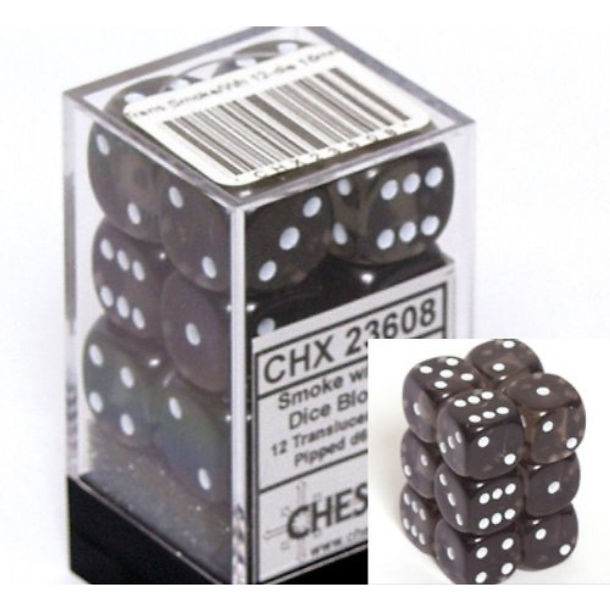 Chessex Dice d6 Sets: Smoke with White Translucent - 16mm Six Sided Die (12) Block of Dice