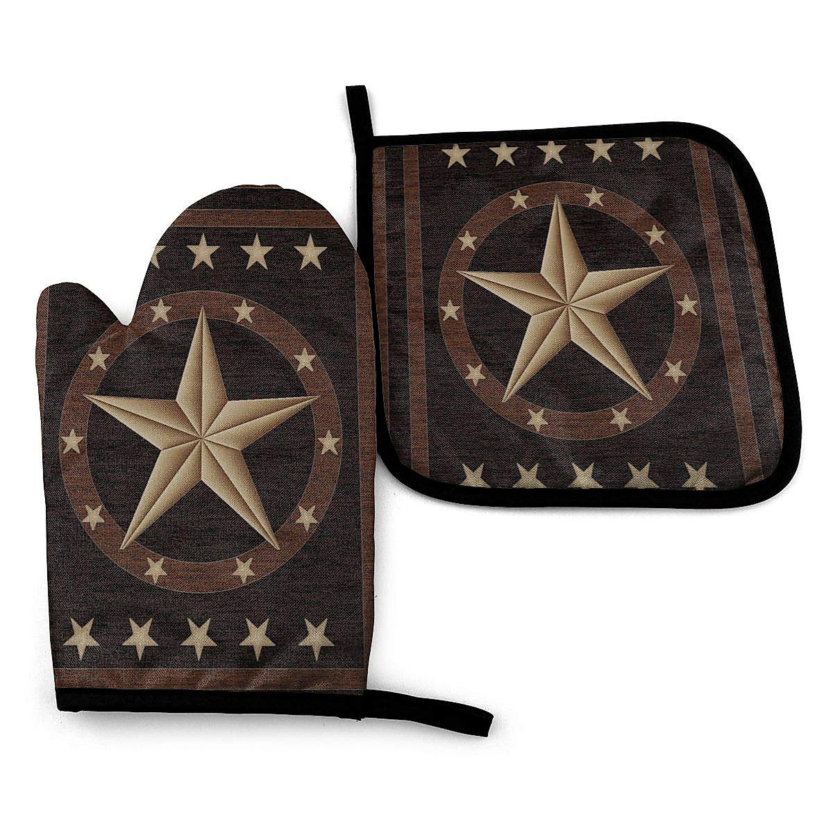 Western Texas Star Heat Resistant Oven Mitts and Pot Holders Set for Kitchen-Soft Cotton Lining with Non-Slip Surface for Safe BBQ Cooking Baking Grilling,Machine Washable