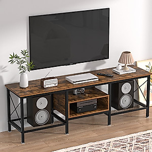 VECELO Industrial TV Stand for 70 Inch Television Cabinet 3-Tier Console with Open Storage Shelves, Entertainment Center Metal Frame for Living Room, Bedroom, 63 Inch, Dark Brown