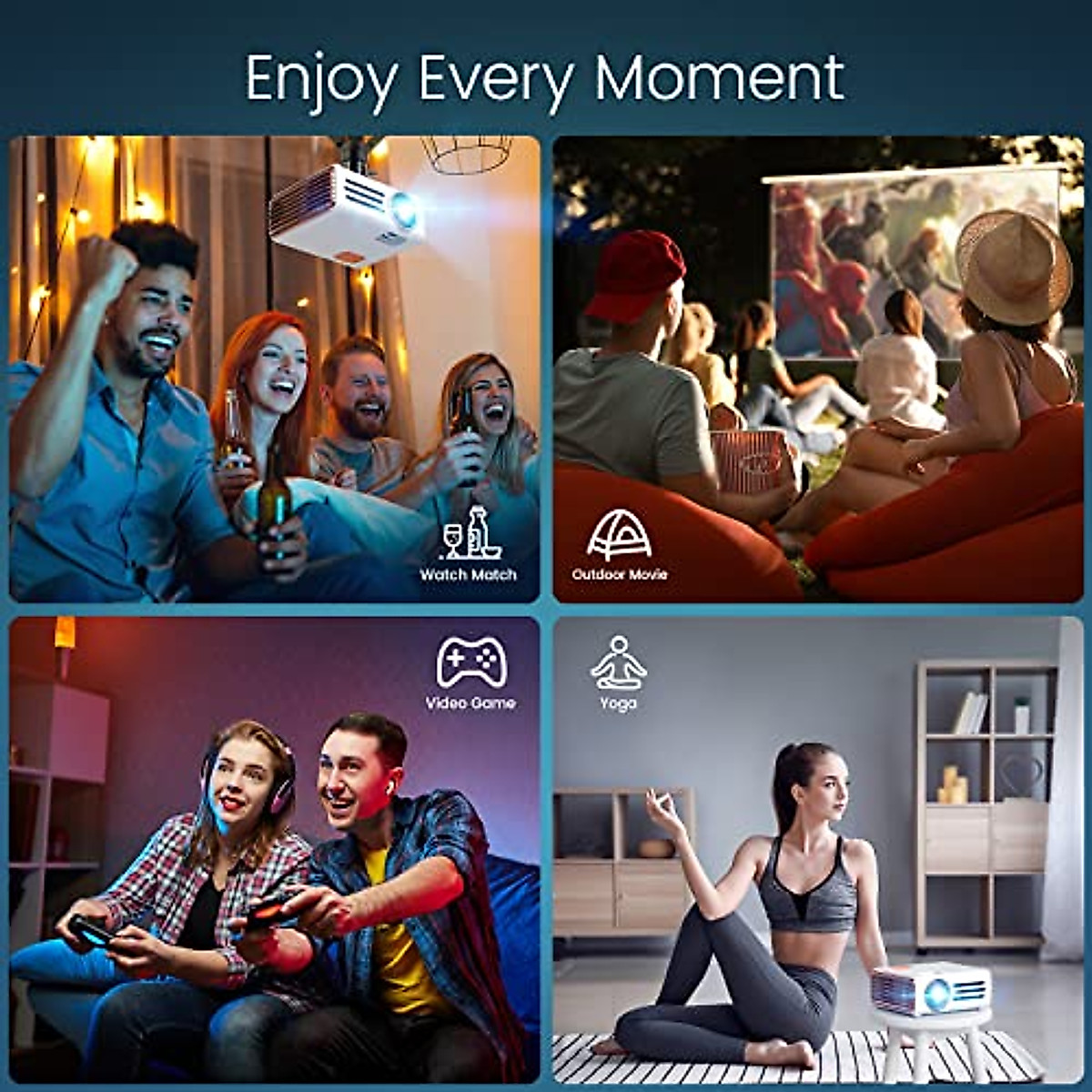 WiFi Bluetooth Native 1080P Projector[Projector Screen Included], 9500L Full HD Outdoor Movie Projector, Full-Sealed Optical Engine, Portable Projector Compatible with iOS/Android/PS4/TV Stick/HDMI