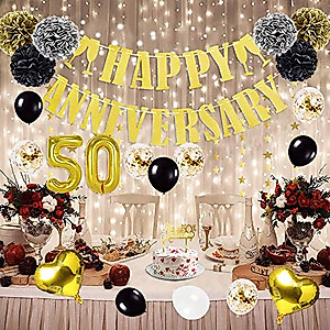50th Anniversary Decorations, Happy 50th Wedding Anniversary Decorations with Banner, Cake Topper, Huge Number Letter, Star Hanging, Paper pom poms, Balloons for Happy 50th Anniversary Decorations