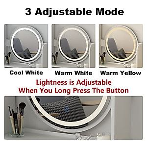 FAMAPY Vanity Desk with Mirror, Lights and Drawers for Makeup, includes Shelves, Cushion Stool for Bedroom White (31.5”W x 15.7”D x 53.1”H)