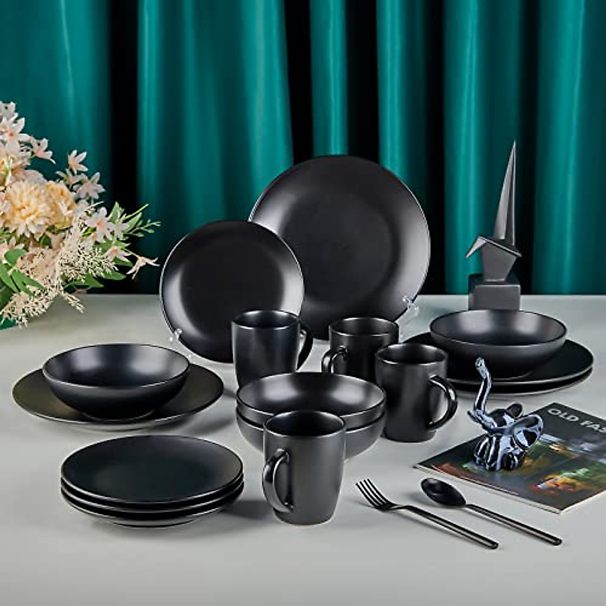 CREATIVELAND Round Stoneware Dinnerware Set Durable Kitchen and Dining,16 Piece Service For 4,Pasta Bowls,Large Salad Bowls,Porcelain Bowl,Wide and Shallow,Microwave and Dishwasher Safe, Matte Black.