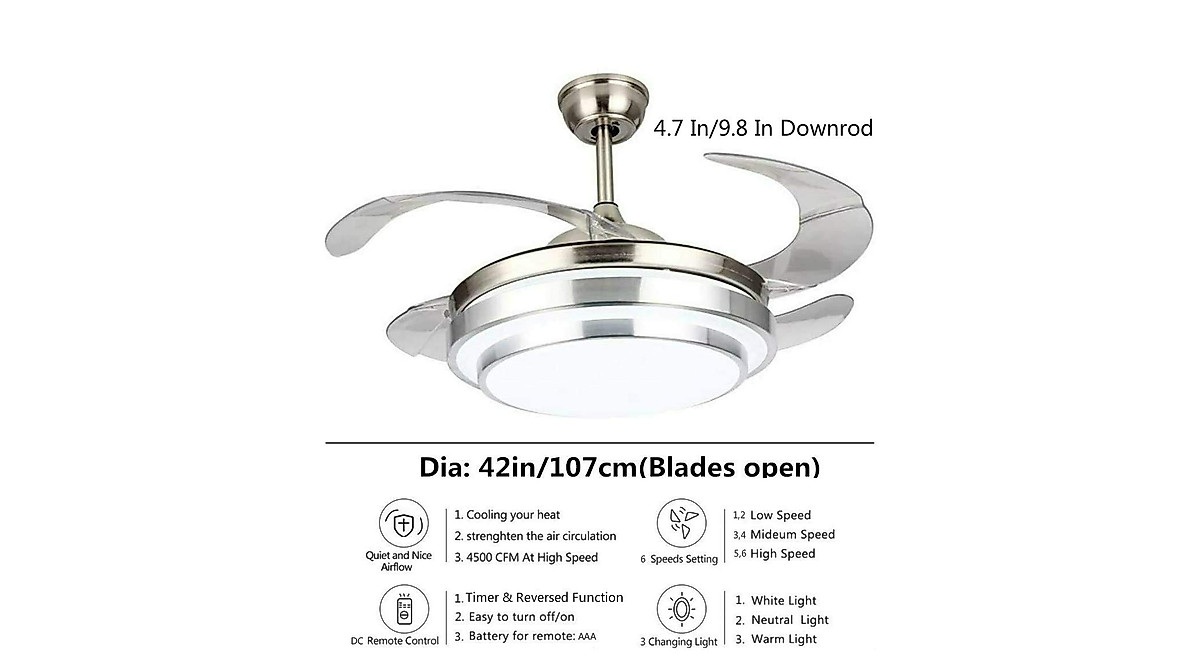 42" Invisible Ceiling Fan with Remote & 3 Color Lights