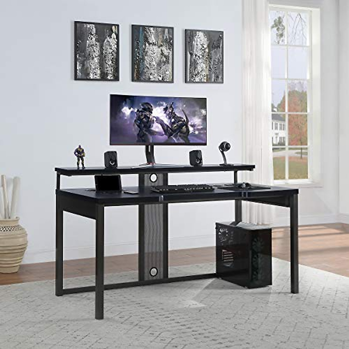 OSP HOME FURNISHINGS Furniture Adaptor 63 Inch Gaming Desk with RGB LED Lights and Smart Power Hub, Matte Black.
