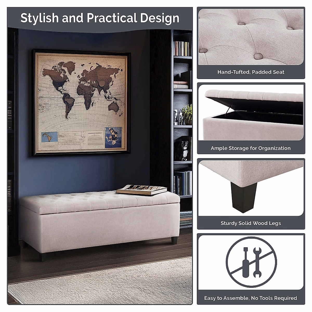 Madison Park Entryway Accent Bench for Living Room Flip Top Storage Chest, Shandra Tufted Top Upholstered Storage Bench End of Bed for Bedroom Furniture, Indoor Seating, 49"Wide, Navy