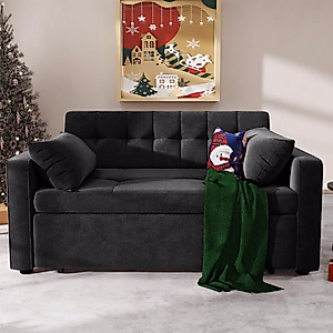 YITAHOME 55" Convertible Sofa Bed, Velvet Sleeper Sofa with Pull-Out Bed, 3-in-1 Futon Couch with Reclining Backrest and Side Pocket, Modern Loveseat for Living Room, Black, Full Size