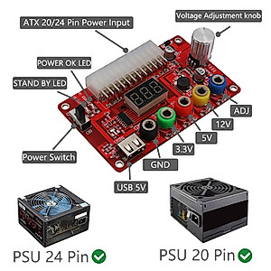HLT New Version ATX Power Supply Breakout Board and Acrylic Case Kit with ADJ Adjustable Voltage Knob, Supports 3.3V, 5V, 12V and 1.8V-10.8V (ADJ) Output Voltage, 3A Maximum Output, Reset Protection.