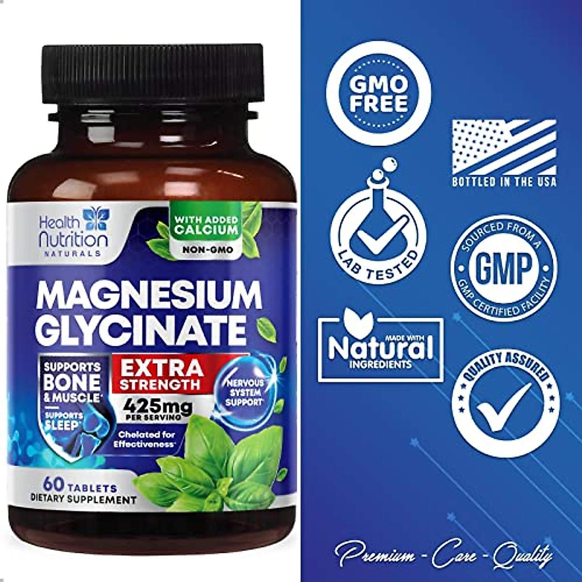 Magnesium Glycinate 425 mg with Calcium - Max Absorption Magnesium Tablets for Muscle, Nerve, Bone & Heart Health Support, Minor Muscle Cramp Support - Non-GMO, Vegan Supplement - 60 Tablets