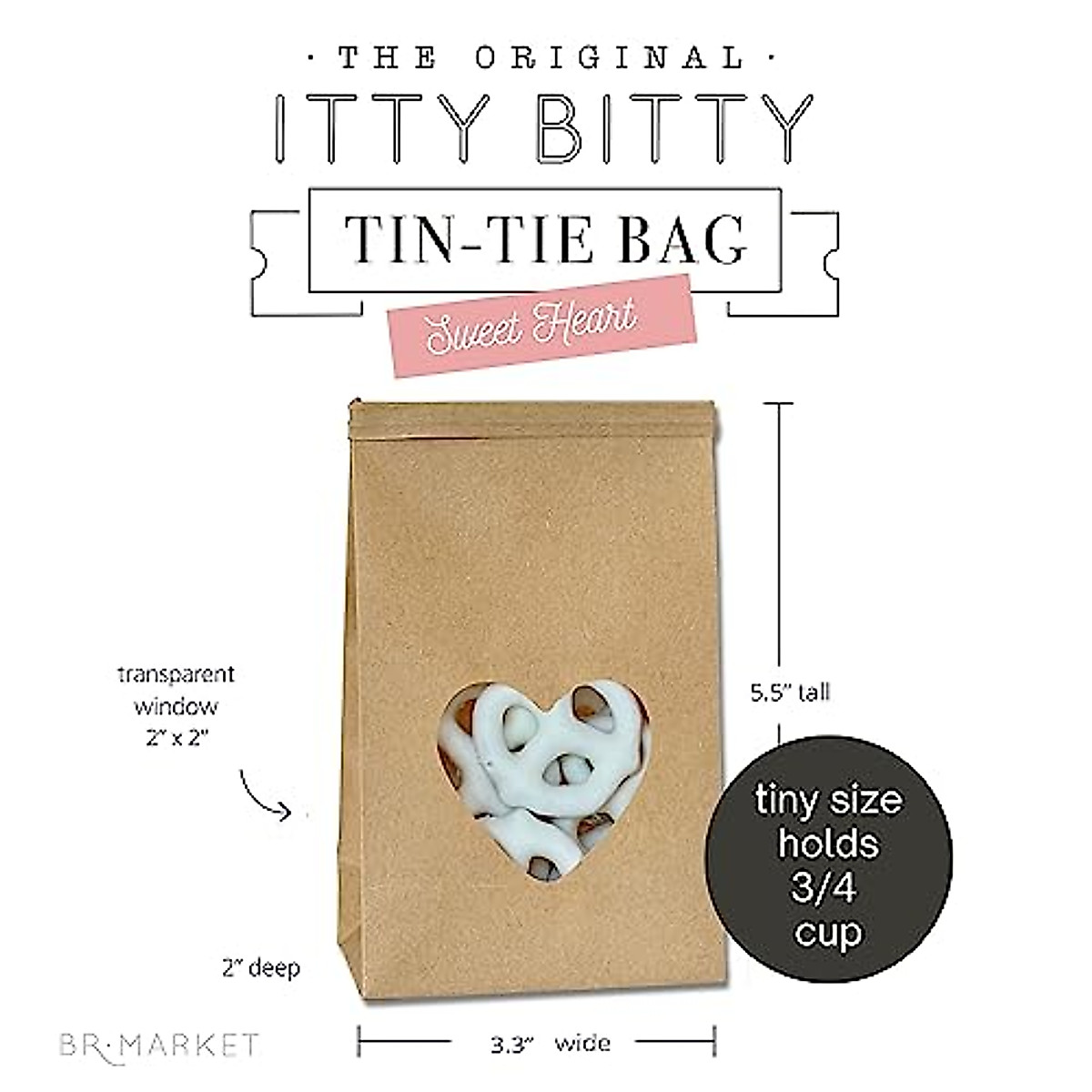 BR Market Kraft Paper Treat Bags - Extra Small with Heart Window, 50 Pcs, 3.3 x 5.5 x 2 Inch, Tin Tie Tab Lock, Brown Window, Perfect for Cookies, Coffee, Weddings