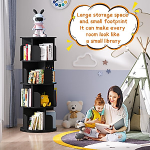 Besiost Rotating Bookshelf, Wood Corner Bookshelf, 360 Display Spinning Bookcase Storage Rack, 4 Tier Floor Standing Revolving Bookcase Narrow Book Shelf Organizer for Small Space, Bedroom, Black
