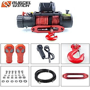 RUGCEL WINCH 13500lb Waterproof Electric Truck Winch 12V Synthetic Rope Jeep Winch with Hawse Fairlead,Wired Handle and 2 Wireless Remote,for Trailer and Wrangler in Car Lift