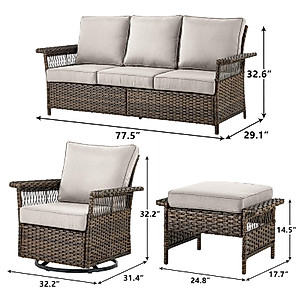 Pugire Outdoor Wicker Patio Furniture Set - 5 Piece Rattan Patio Conversation Sets with 2 Rocking Swivel Chairs,2 Ottomans and 1 Sofa for Porch Deck Garden(Brown/Beige)