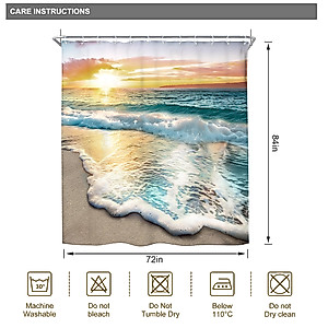 Riyidecor Ocean Coastal Hawaiian Sunrise Shower Curtain 72x84 Inch Sea Wave Summer Beach Seaside Scene Island Blue Fabric Set Waterproof 12 Pack Hooks BB-JWXP